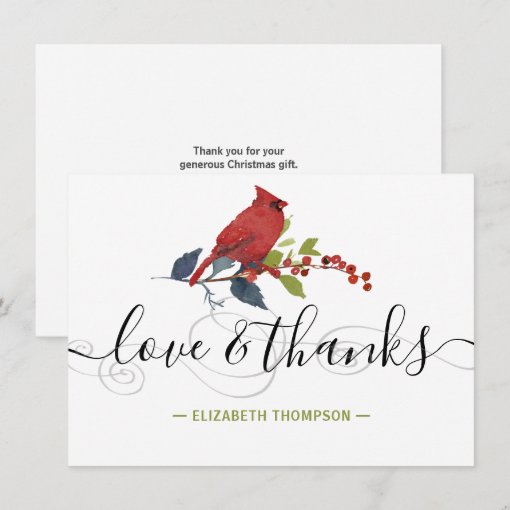 Red Cardinal Modern Script Love and Thanks Holiday Thank You Card | Zazzle