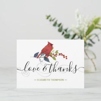 Red Cardinal Modern Script Love and Thanks Holiday Thank You Card | Zazzle