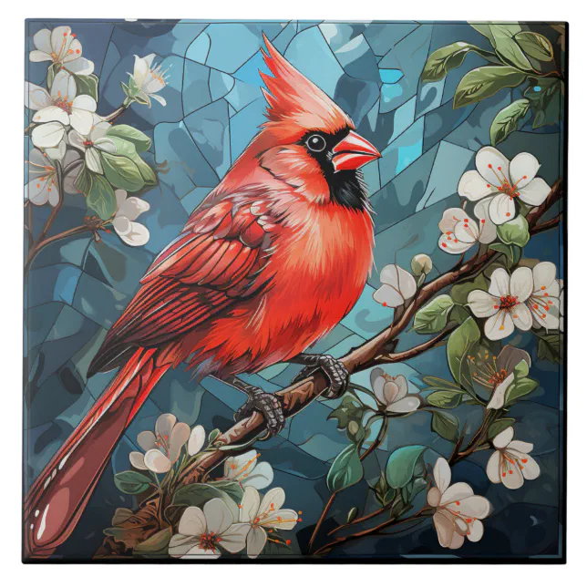 Red Cardinal on Branch, Stained Glass Background Ceramic Tile | Zazzle