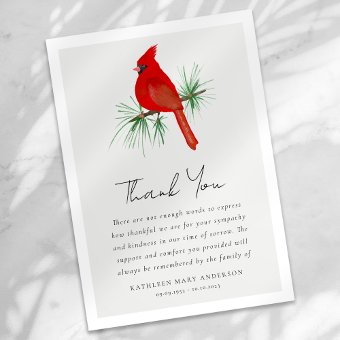 Red Cardinal Photo Sympathy Funeral Thank You Card | Zazzle