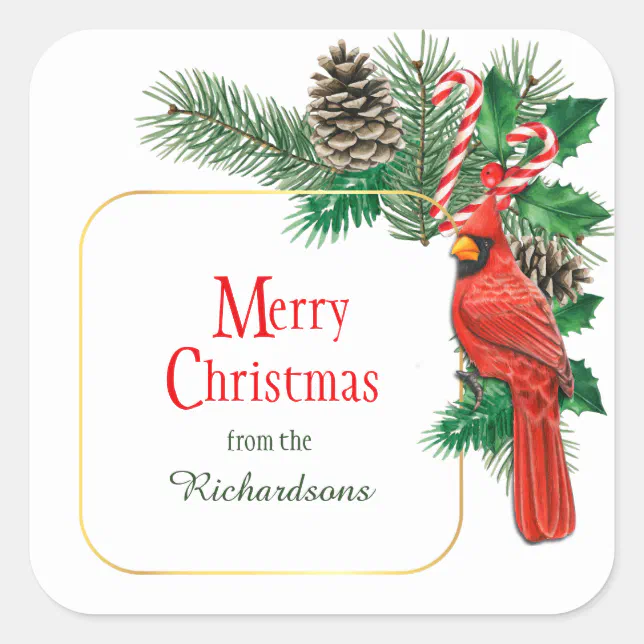 Red Cardinal Pine Cone Bouquet Christmas Square Sticker | Zazzle