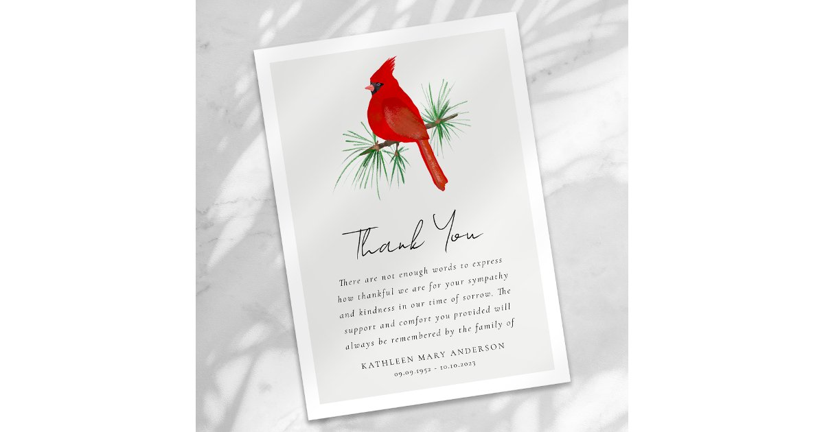 Red Cardinal Sympathy Funeral Thank You Card | Zazzle