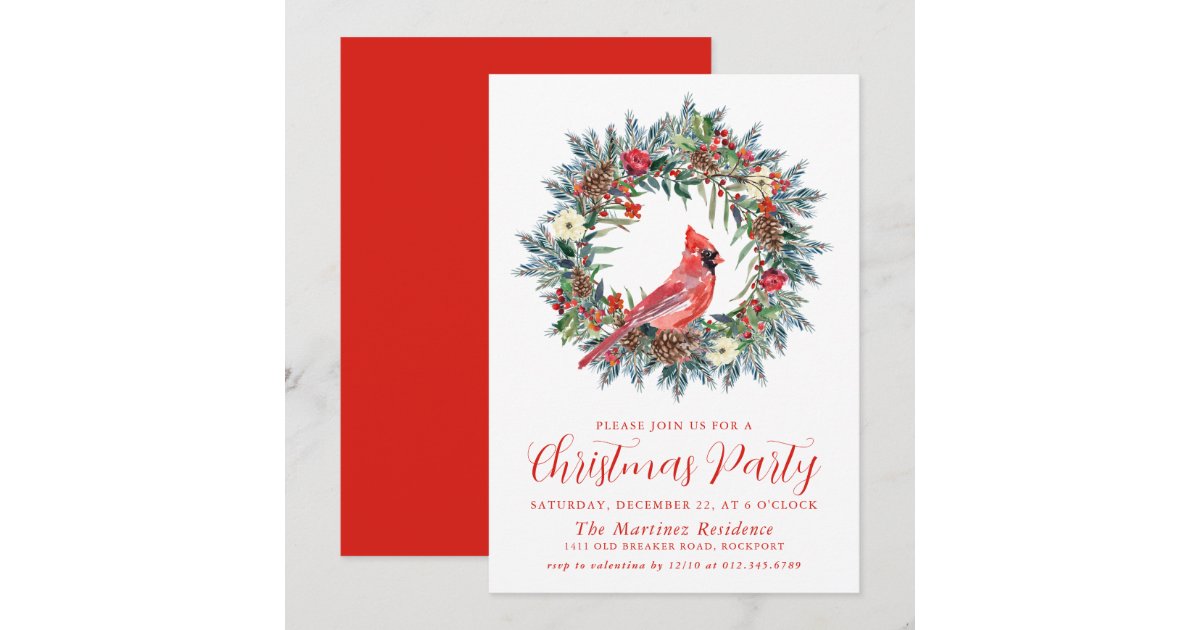 Red Cardinal Wreath Christmas Party Invitation | Zazzle
