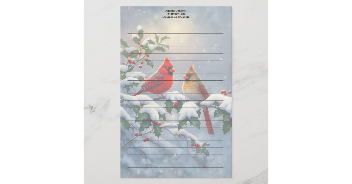 Red Cardinals and Holly in Snow Stationery | Zazzle