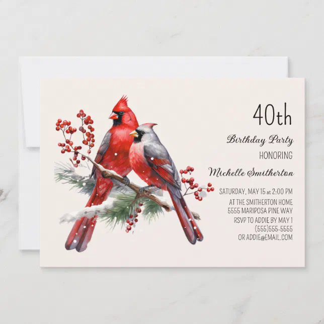 Red Cardinals Berries 40th Birthday Invitation | Zazzle