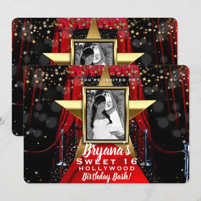 Red Carpet Hollywood Gold Stars Photo Party Invitation | Zazzle