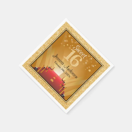 Red Carpet Hollywood Star Gold Sweet 16 Birthday Napkins | Zazzle