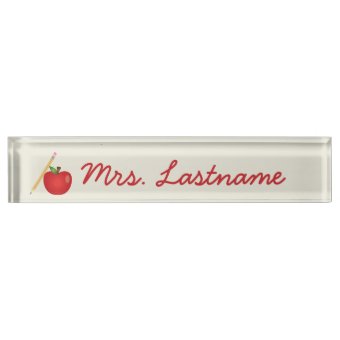 Red Cartoon Apple And Yellow Pencil & Custom Name Desk Name Plate | Zazzle