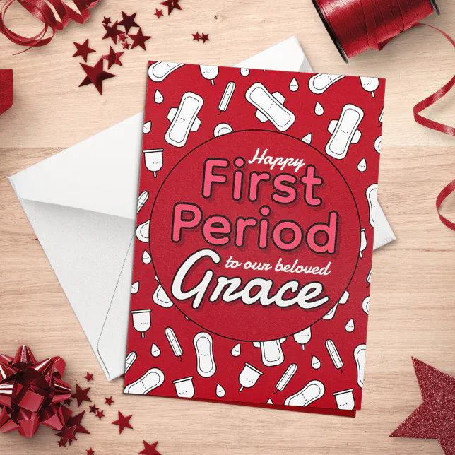 Red Cartoon Pad Tampon Teen Girl First Period Card | Zazzle