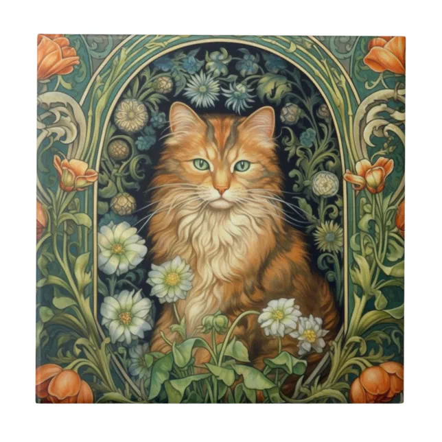Red cat in the garden art nouveau ceramic tile | Zazzle