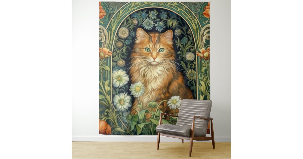 Red cat in the garden art nouveau tapestry | Zazzle