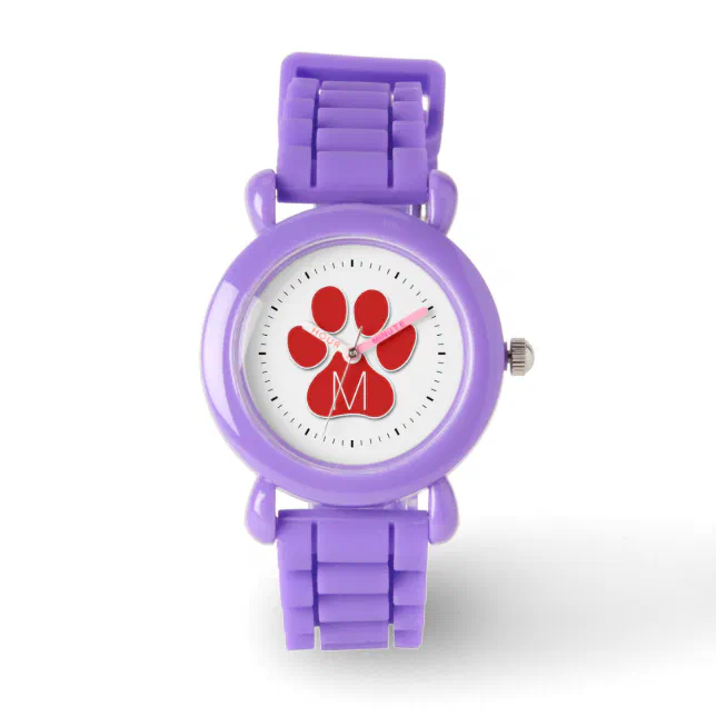 Red Cat Paw with White Monogram and Black Ticks Watch | Zazzle