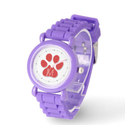 Red Cat Paw with White Monogram and Black Ticks Watch | Zazzle