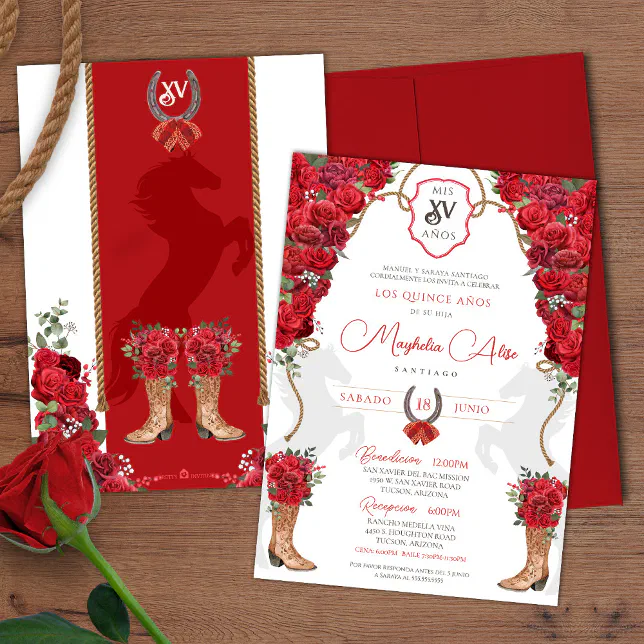 Red Charro Country Western Ranch Style Quinceañera Invitation | Zazzle