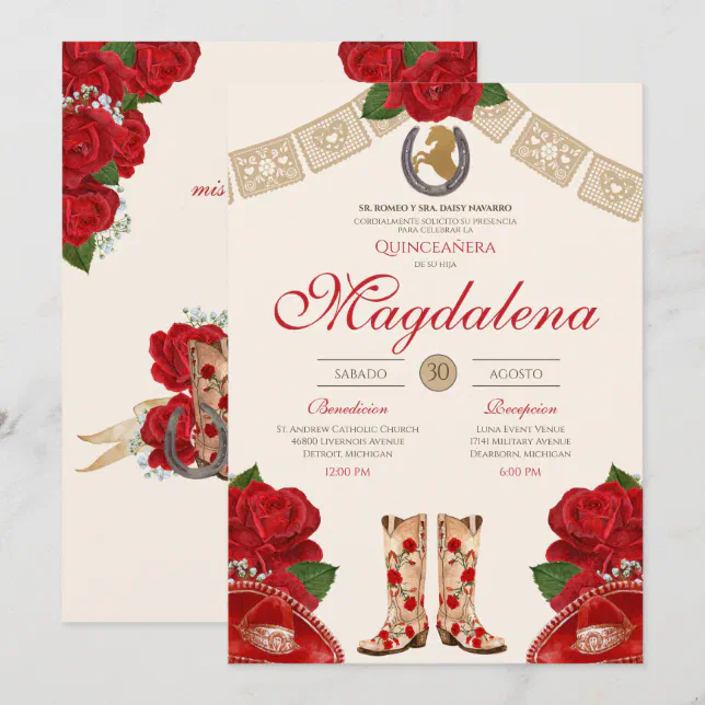 Red Charro Mariachi Western Rose Quinceanera Invitation | Zazzle