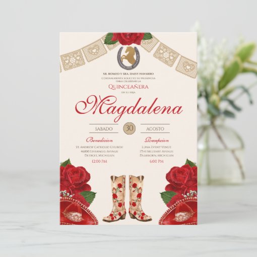 Red Charro Mariachi Western Rose Quinceanera Invitation | Zazzle
