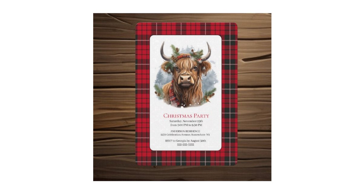 Red Checkered Christmas Highlander Cow Invitation | Zazzle