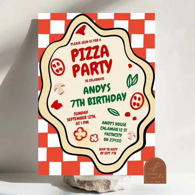Red Checkered Pizza Party Italian Kids Birthday Invitation | Zazzle