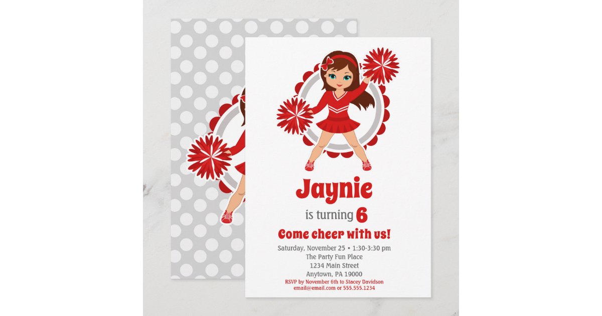 Red Cheerleader - Brunette Girls Cheer Birthday Invitation | Zazzle