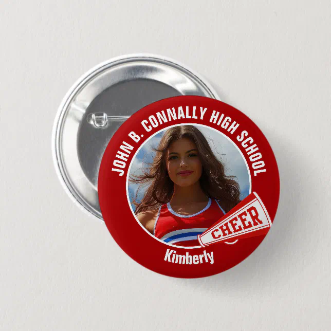 Red Cheerleader Photo High School Spirit Cheer Button | Zazzle