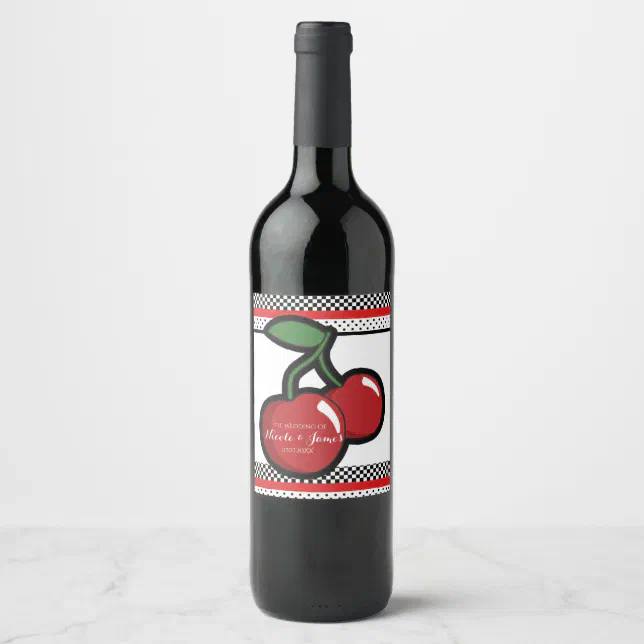 Red Cherries Black Custom Retro Custom Wine Label | Zazzle