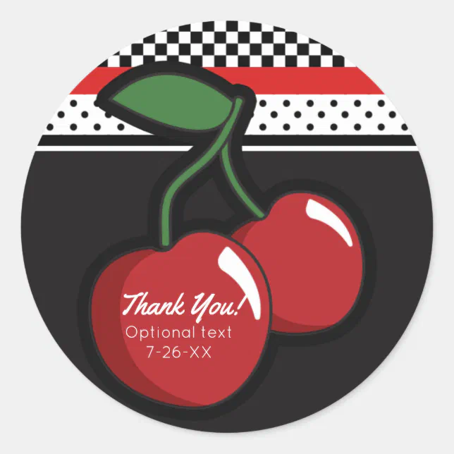 Red Cherries Black Custom Retro Party Favor Classic Round Sticker | Zazzle