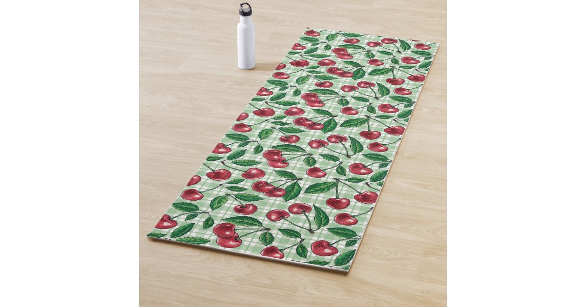 Red cherries on light green gingham yoga mat | Zazzle
