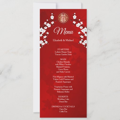 Red Cherry Blossom Chinese Wedding Menu Card | Zazzle