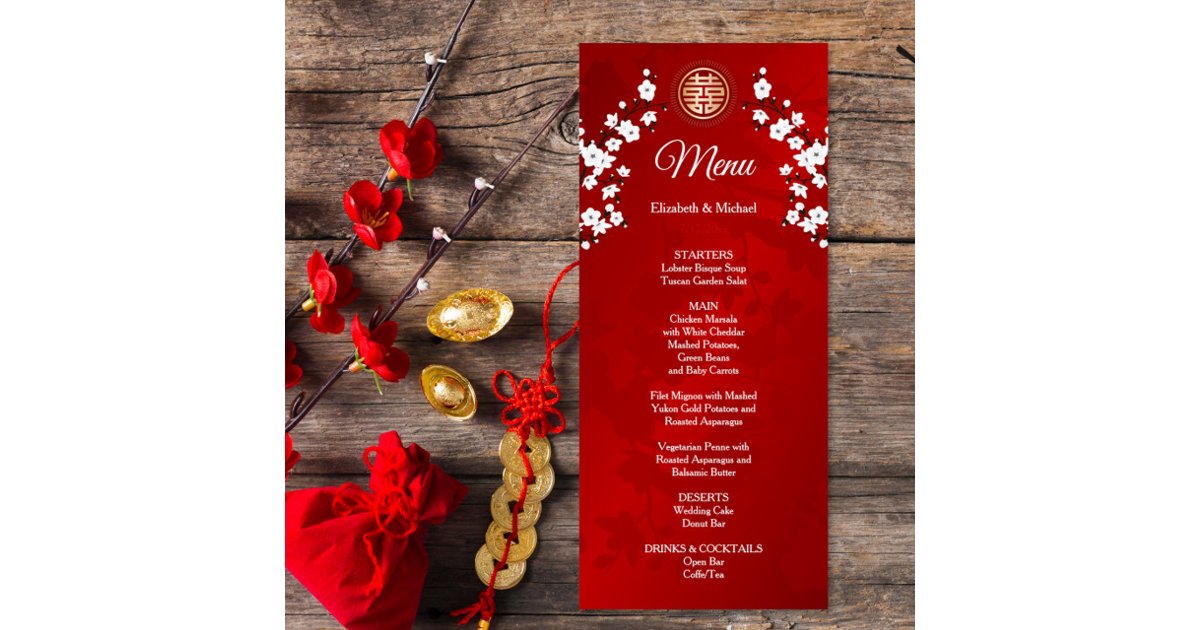 Red Cherry Blossom Chinese Wedding Menu Card | Zazzle