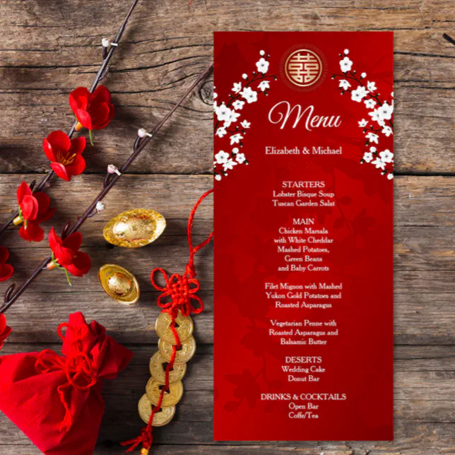 Red Cherry Blossom Chinese Wedding Menu Card | Zazzle