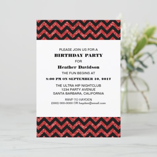 Red Chevron Glitter Birthday Party Invite | Zazzle