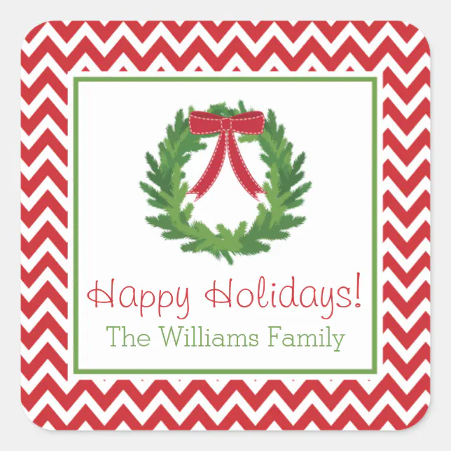 Red Chevron Holiday Wreath, Christmas Sticker | Zazzle