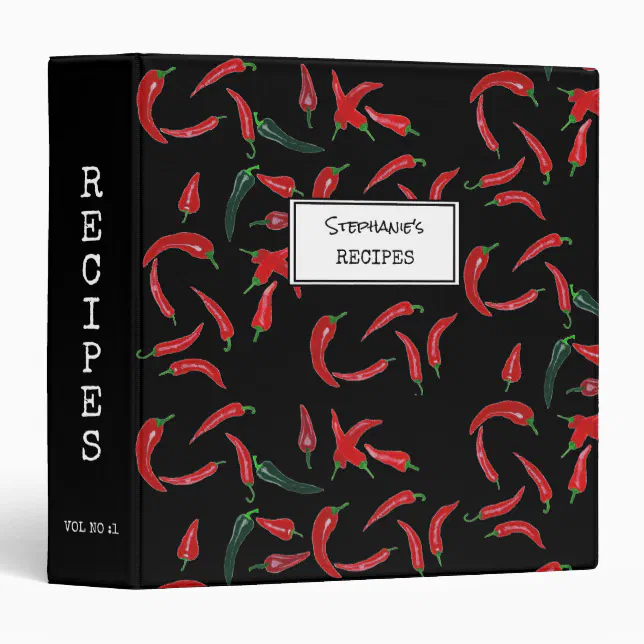 Red Chilli Pattern on Black Personalized Recipe 3 Ring Binder | Zazzle