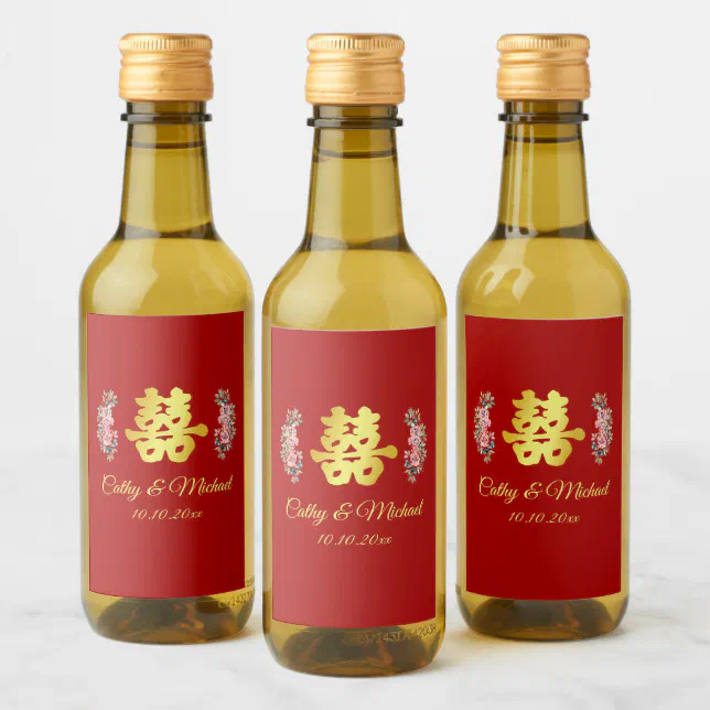 Red Chinese wedding double happiness floral Wine Label | Zazzle