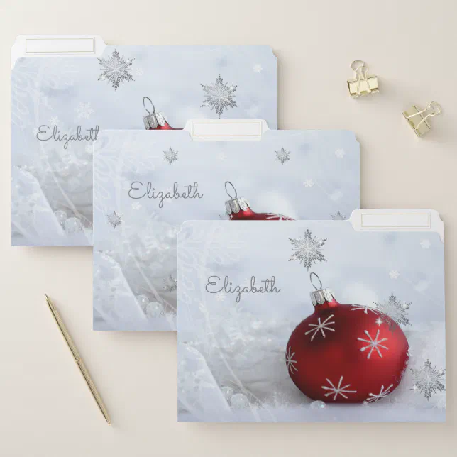 Red Christmas Balls, Silver Snowflakes File Folder | Zazzle