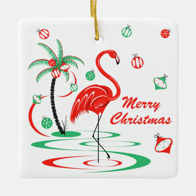 Red Christmas Flamingo Baubles Christmas square Ceramic Ornament | Zazzle