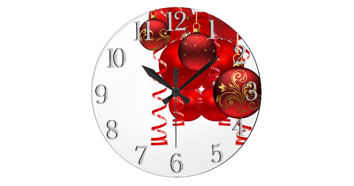 Red Christmas Ornaments Ribbons Wall Clock | Zazzle.com