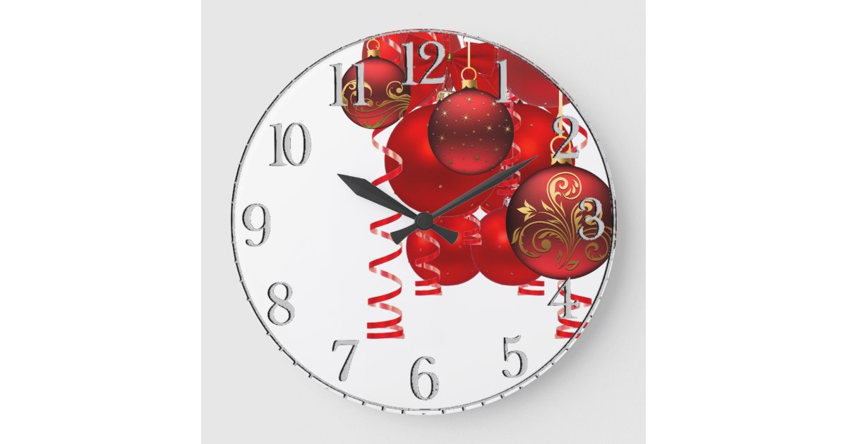 Red Christmas Ornaments Ribbons Wall Clock | Zazzle