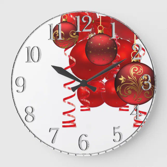 Red Christmas Ornaments Ribbons Wall Clock | Zazzle