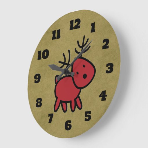 Red Christmas Reindeer Illustration Large Clock | Zazzle