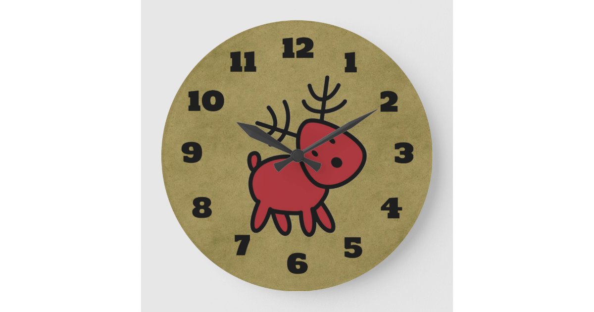 Red Christmas Reindeer Illustration Large Clock | Zazzle