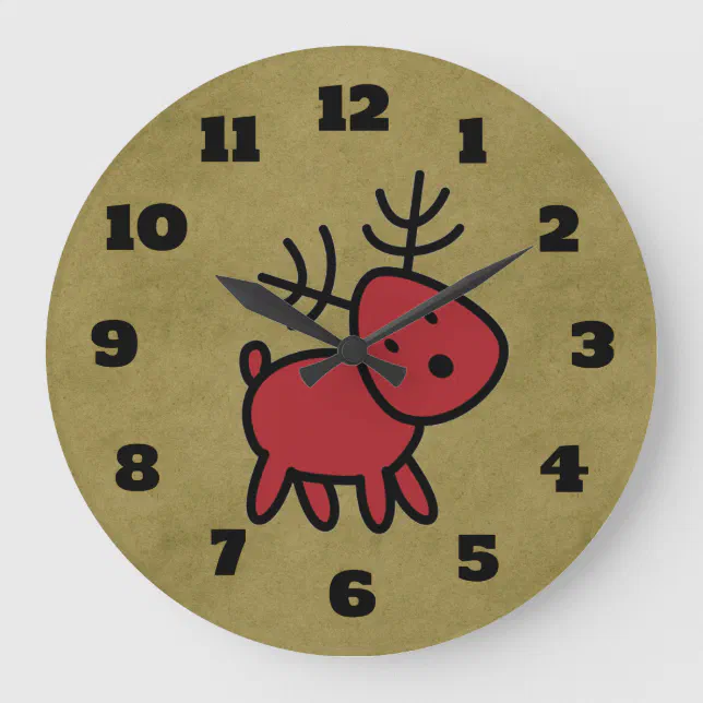 Red Christmas Reindeer Illustration Large Clock | Zazzle