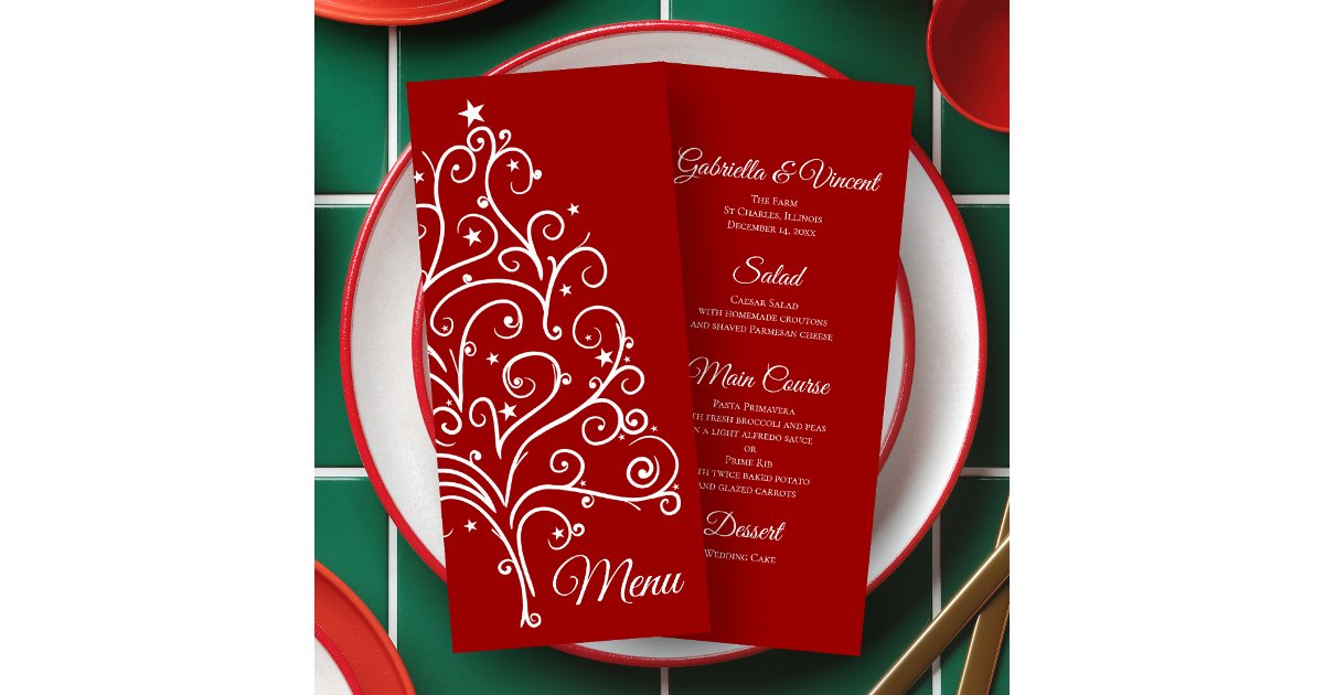 Red Christmas Tree Winter Wedding Menu | Zazzle