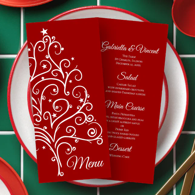 Red Christmas Tree Winter Wedding Menu | Zazzle