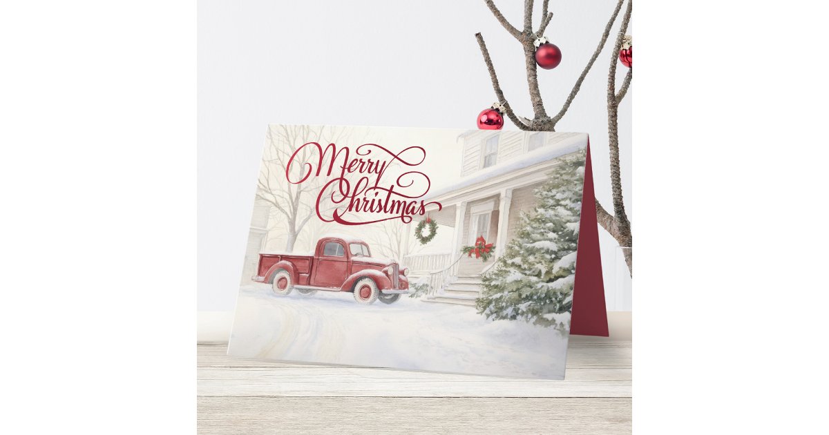 Red Christmas Truck Winter Christmas Holiday Card | Zazzle