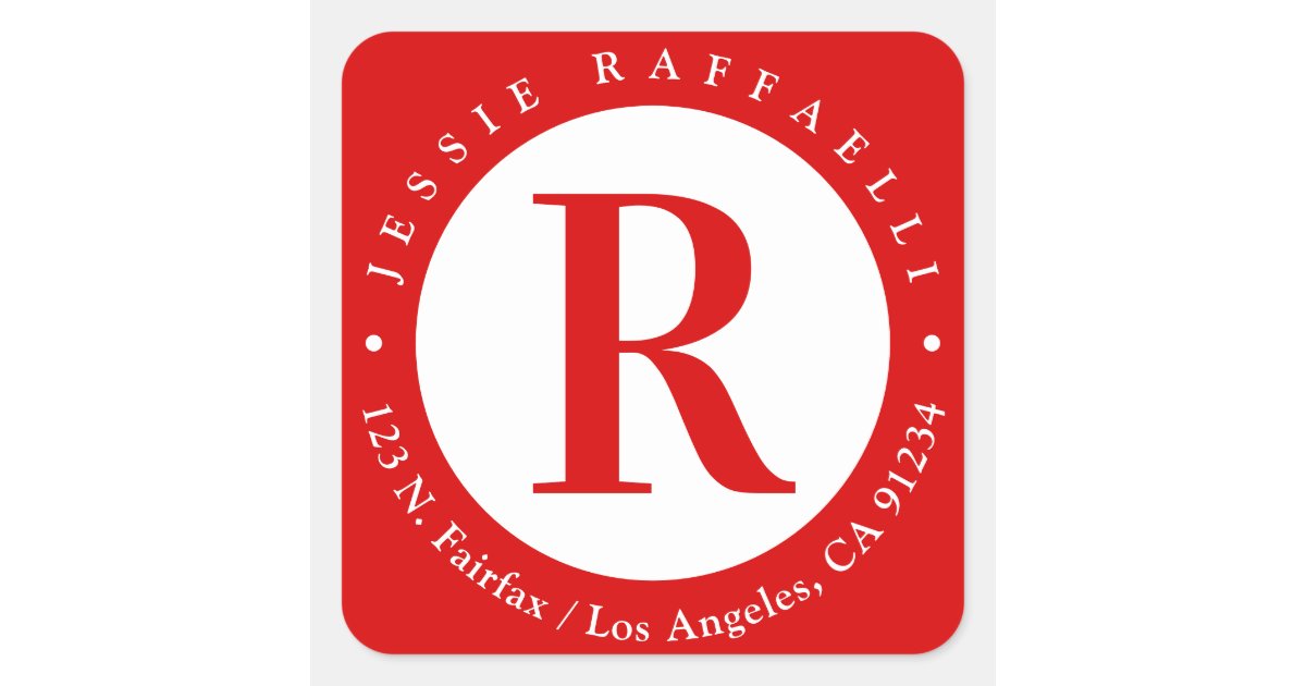 Red | Circle Monogram Return Address Square Sticker | Zazzle