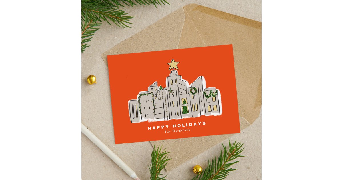 Red City Skyline Corporate Christmas Card | Zazzle