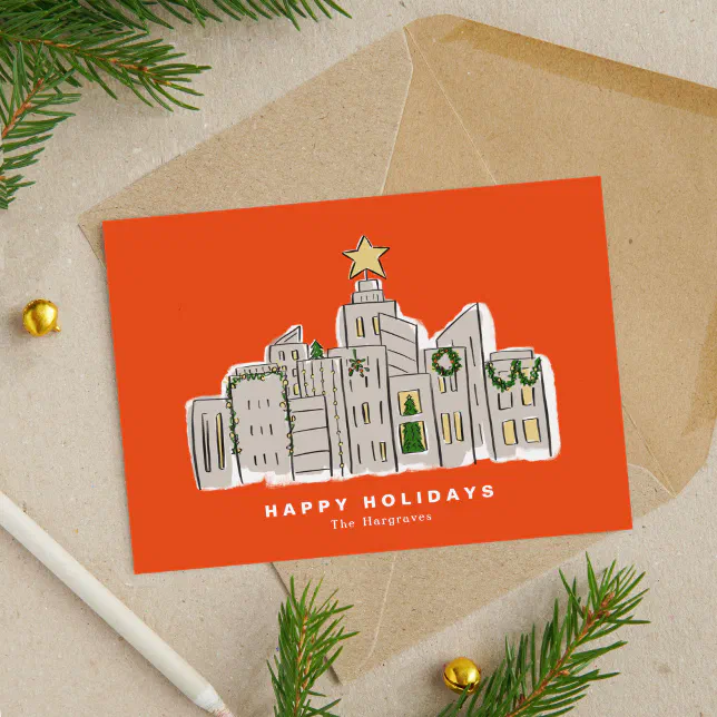 Red City Skyline Corporate Christmas Card | Zazzle