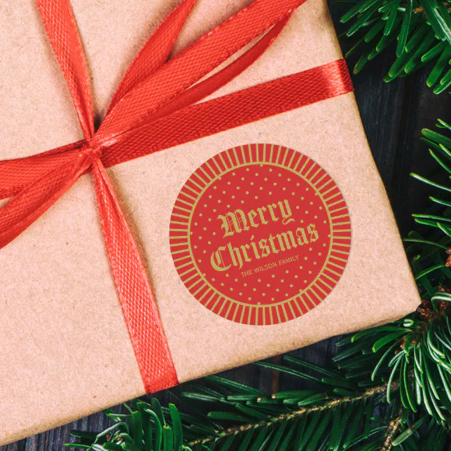 Red Classic Decorative Geometric Merry Christmas Classic Round Sticker ...
