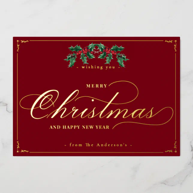 Red Classic Merry Christmas Holly Berry Simple Foil Holiday Card | Zazzle